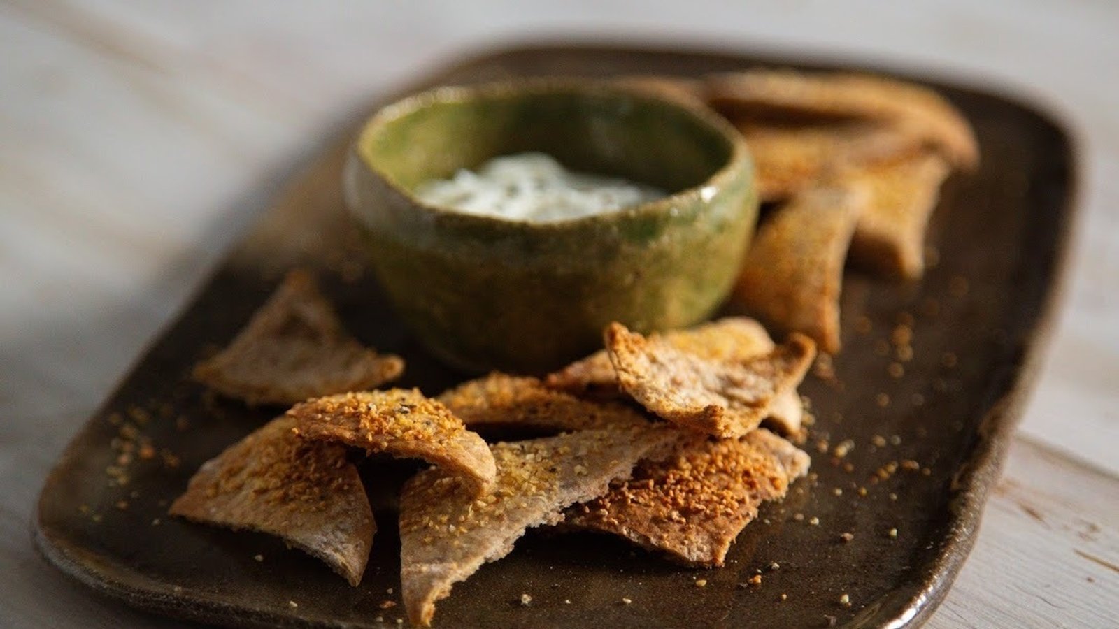 Pitta bread crisps with herb dip: OT treat snack
