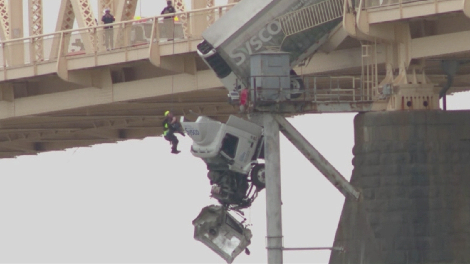 Watch: Driver rescued from truck dangling off US bridge